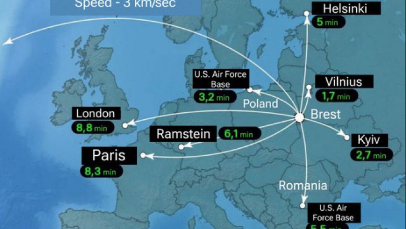 Raza de acțiune a rachetei Oreșnik. Harta rușilor, cu ținta Deveselu