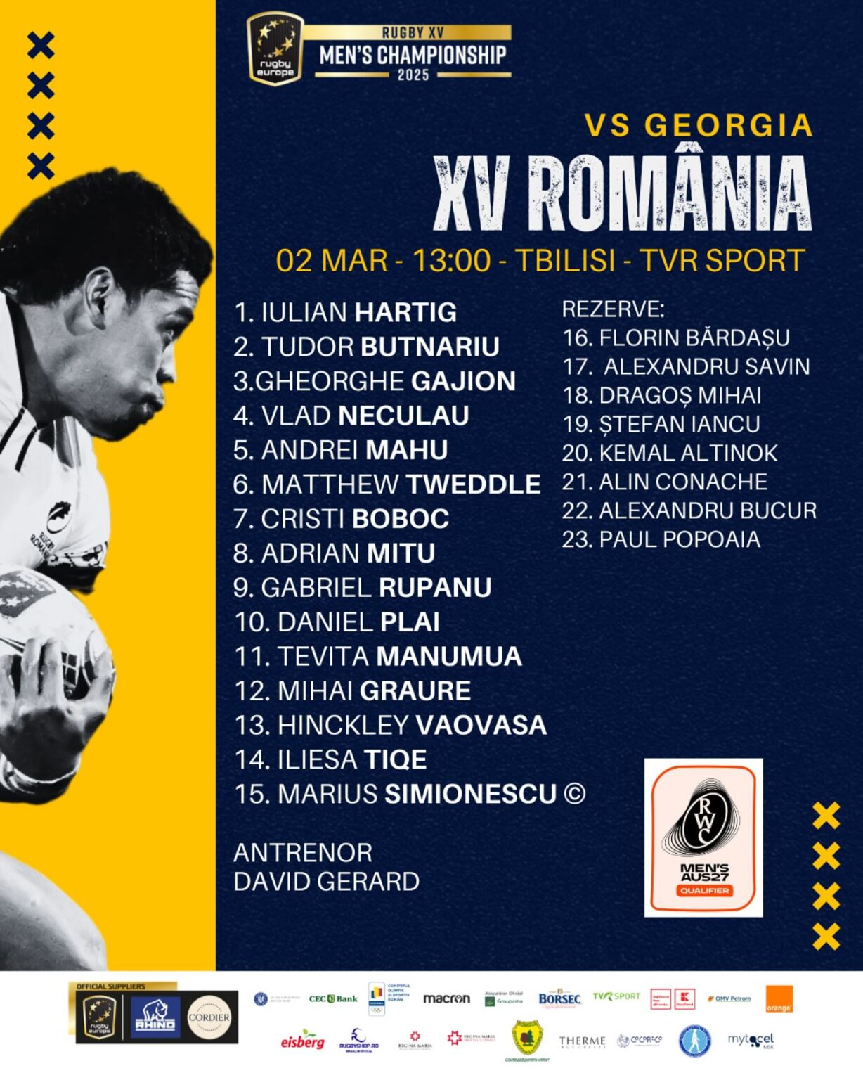 Rugby Europe Championship 2025: România-Georgia. Schimbările făcute de ...