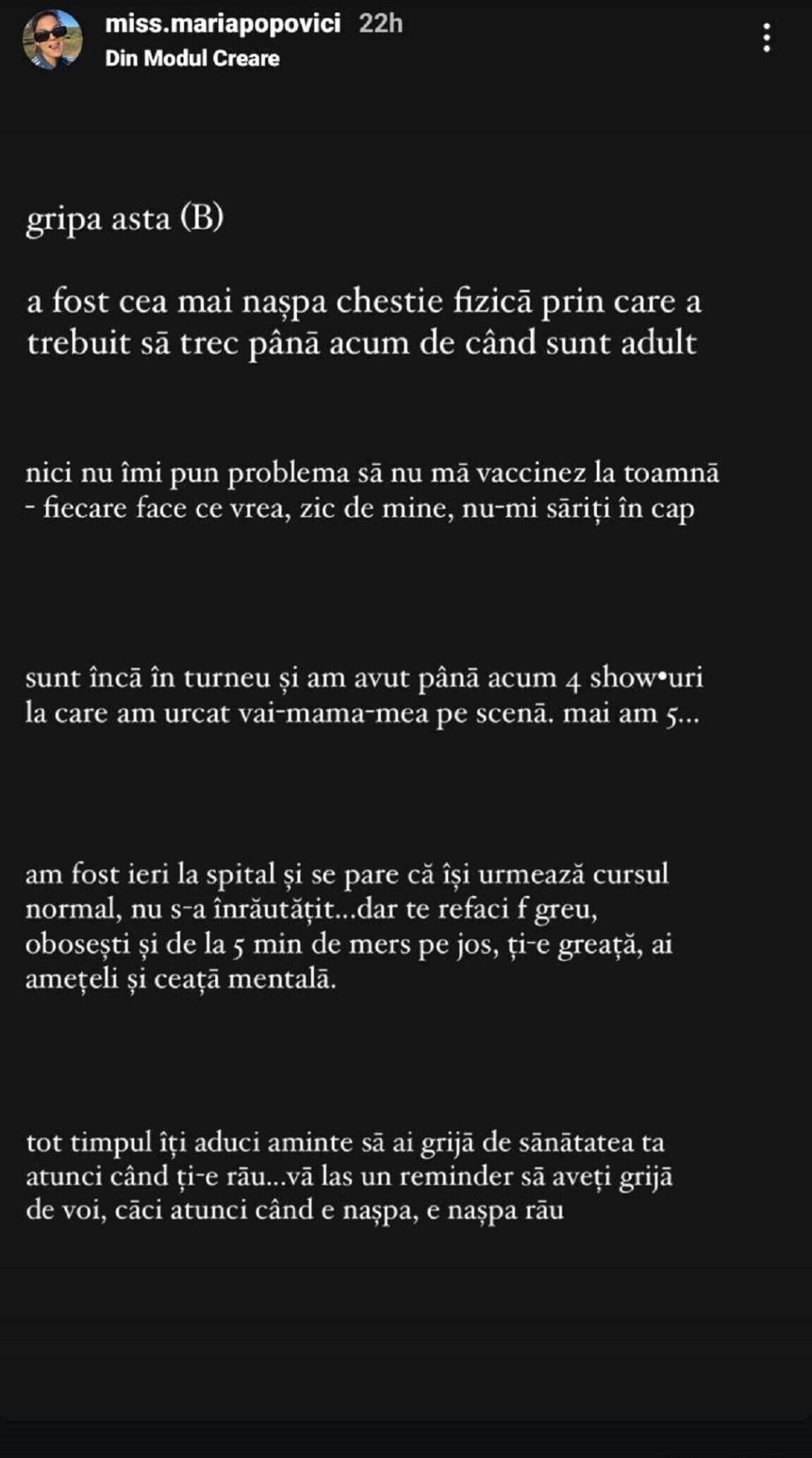 Maria Popovici, de pe scenă la spital. Are o perioadă foarte dificilă