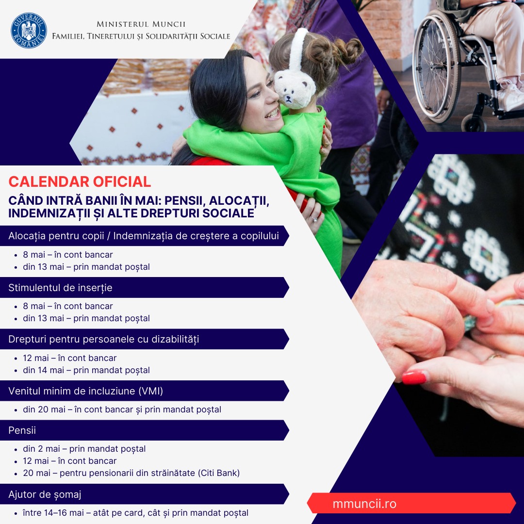 Plata pensiilor și alocațiilor în luna mai se va face la date diferite